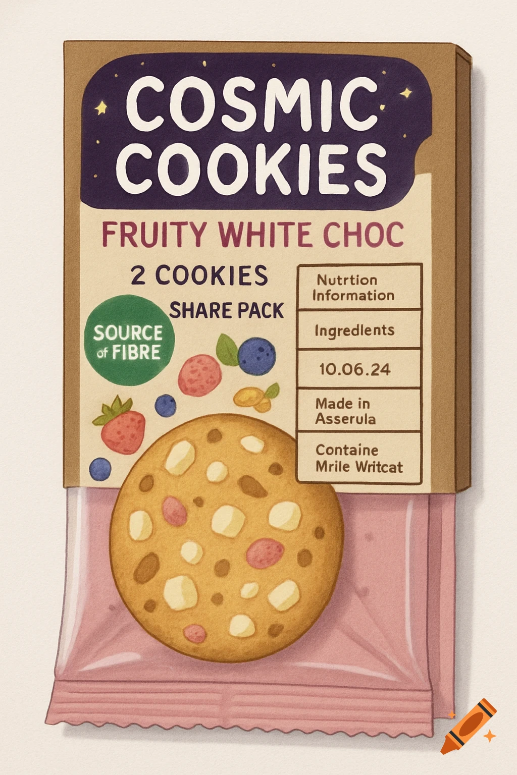 Illustration of Cosmic Cookies Fruity White Choc share pack packaging with a cookie visible. on ...