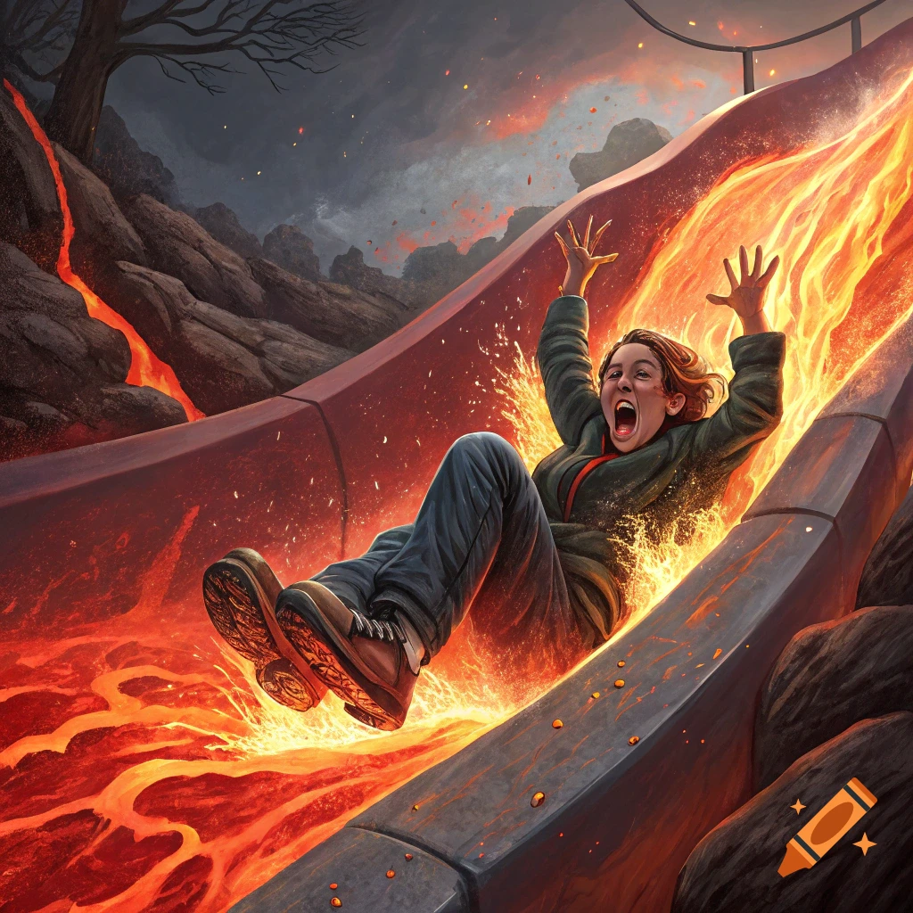 Person screaming while sliding down a slide filled with lava on Craiyon