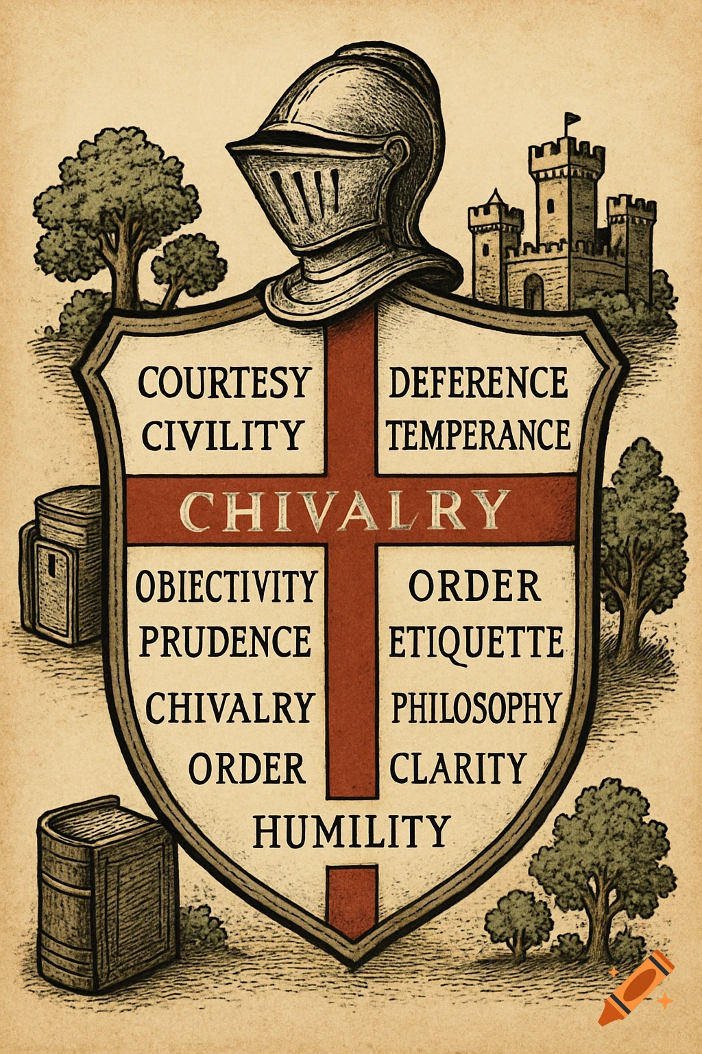 Medieval illustration of a shield coat of arms with knight's helmet ...