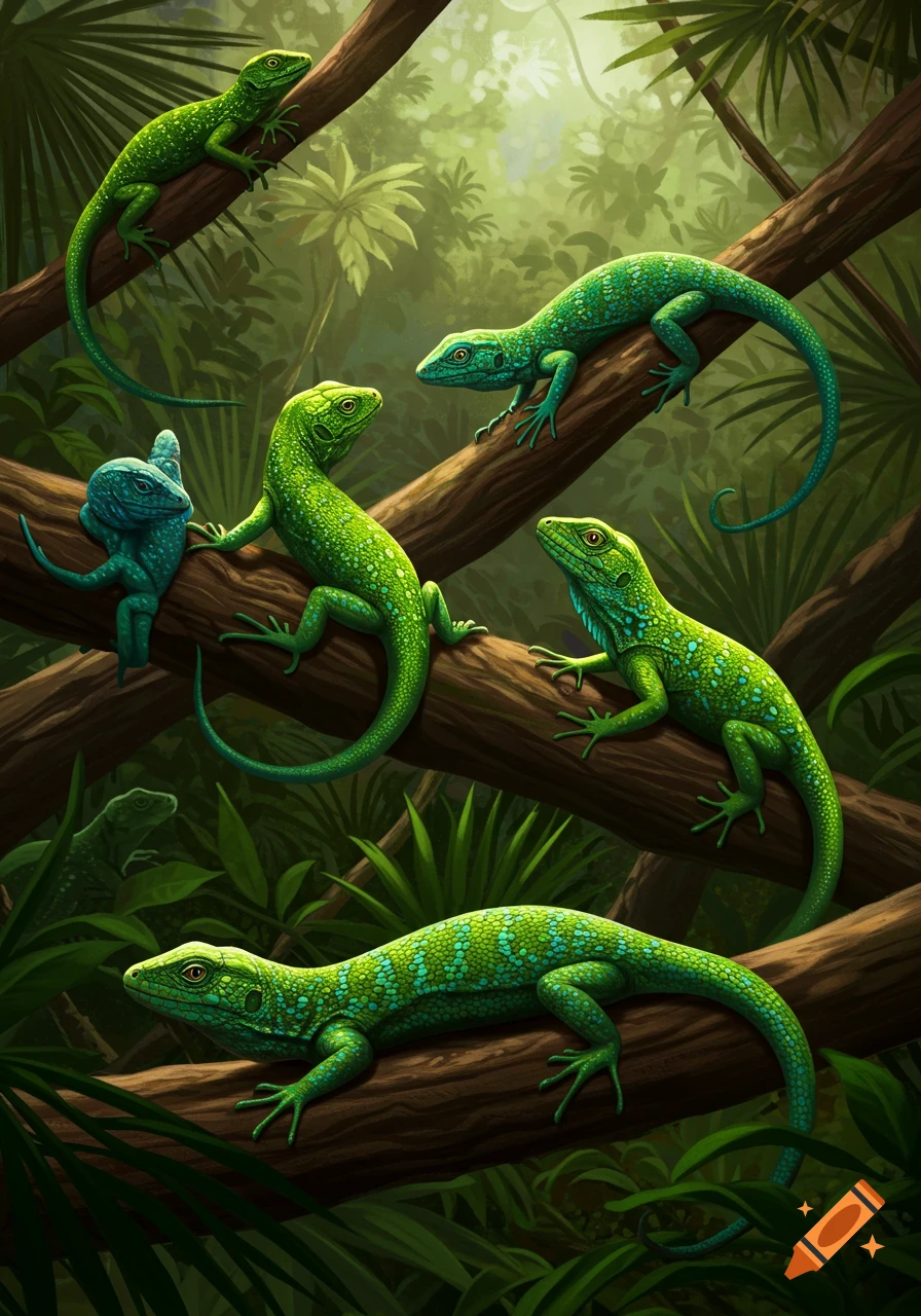 Several green lizards climb on tree branches in a lush jungle environment. on Craiyon