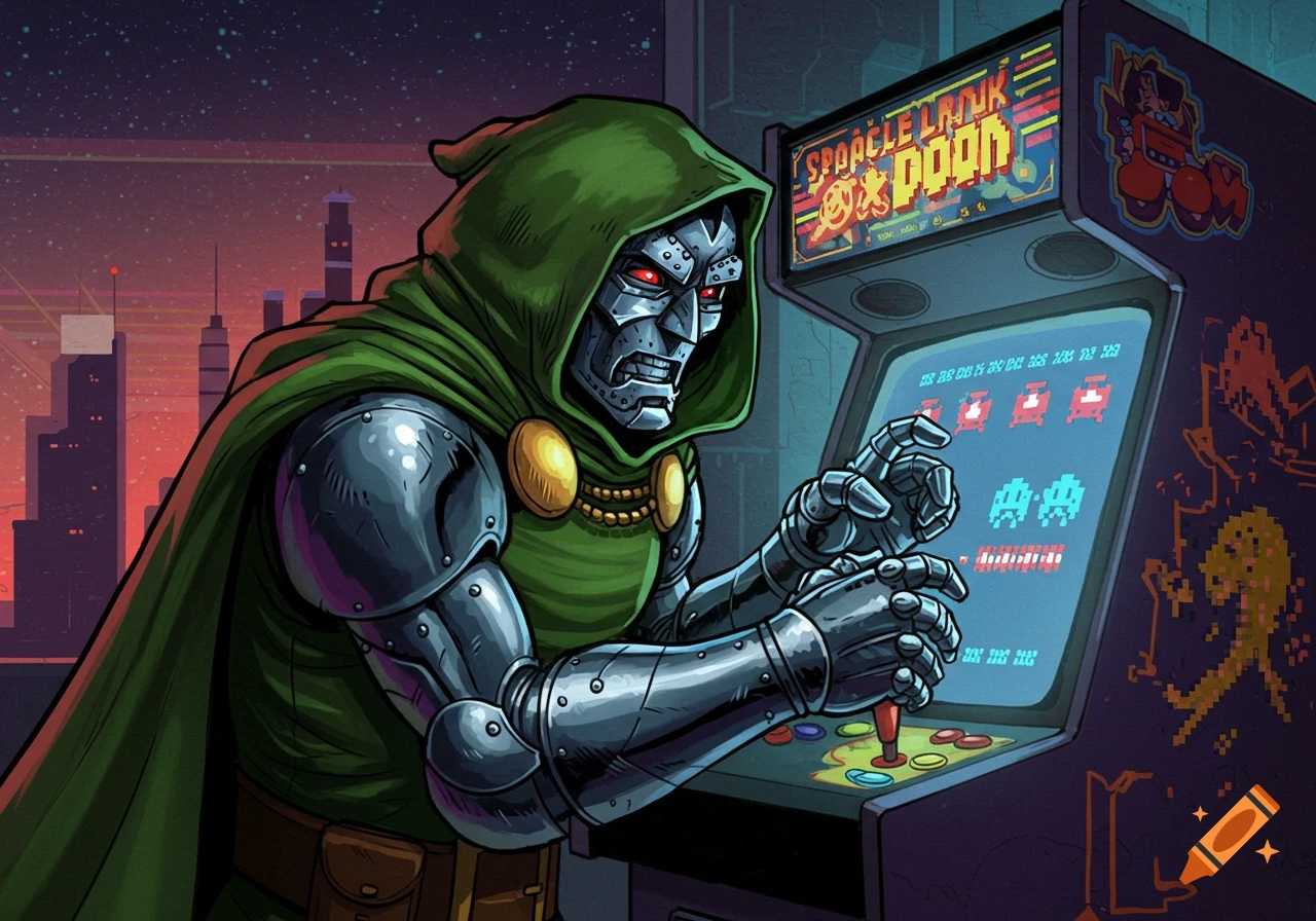 Doctor Doom plays an arcade game in a comic book style illustration ...