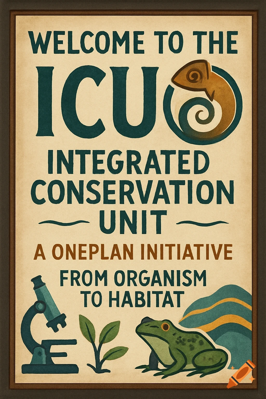 Poster for Integrated Conservation Unit with chameleon logo, microscope ...