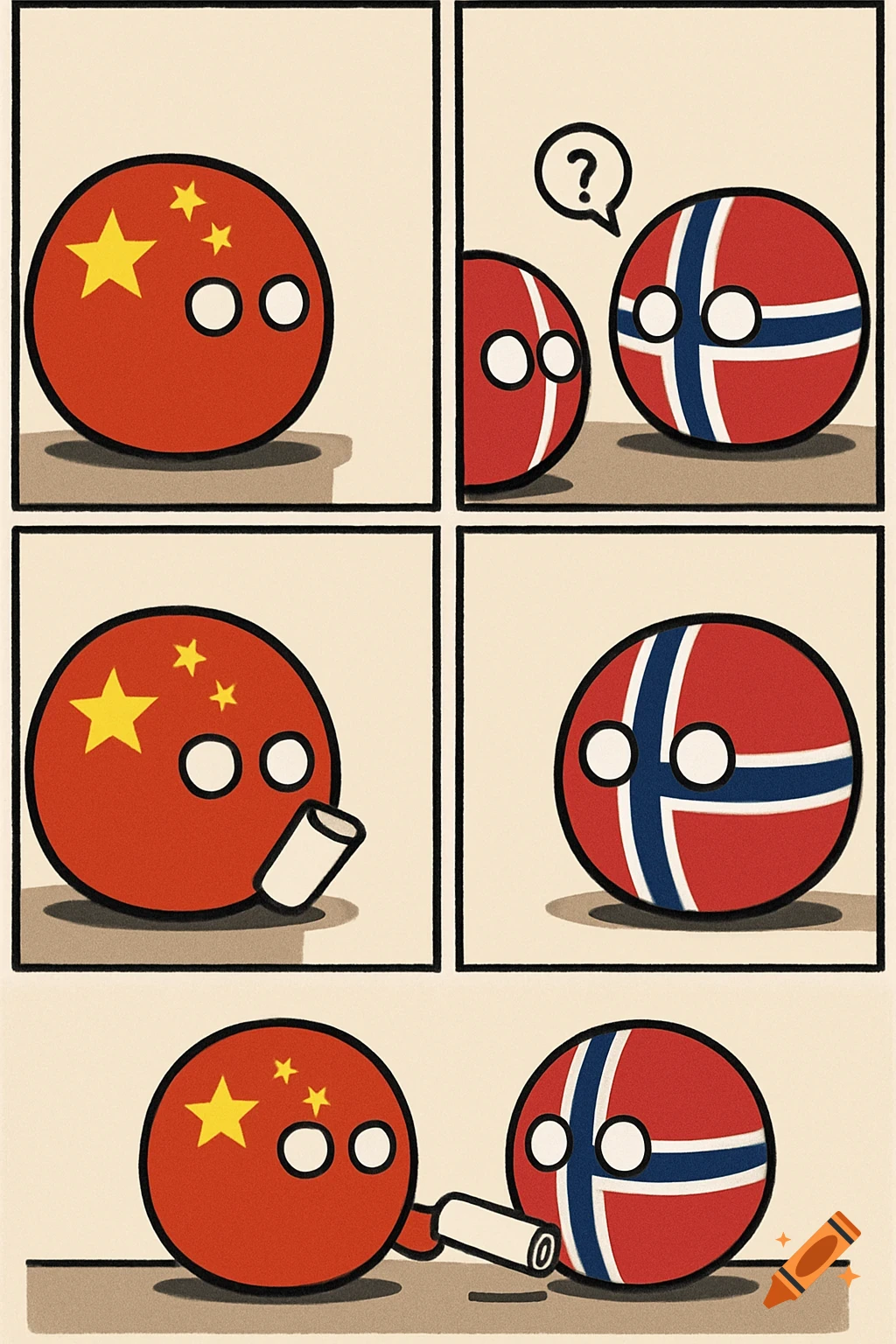 Four panel countryball comic of China ball offering a tube to Norway ...