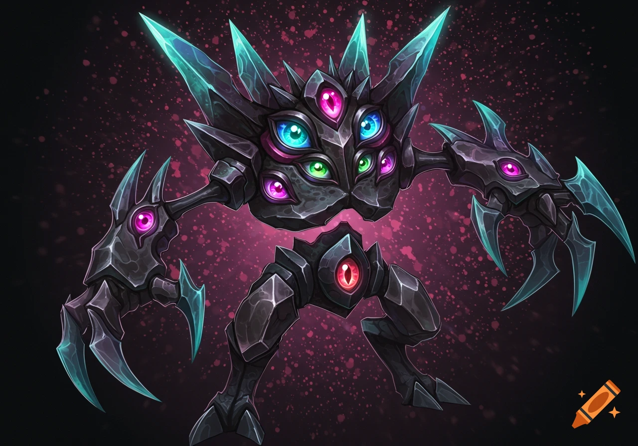 Stylized dark metal and crystal monster with multiple colorful eyes and ...