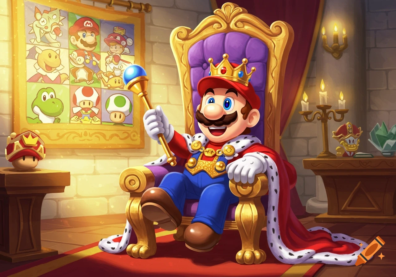 Illustration of King Mario sitting on a golden throne, holding a ...