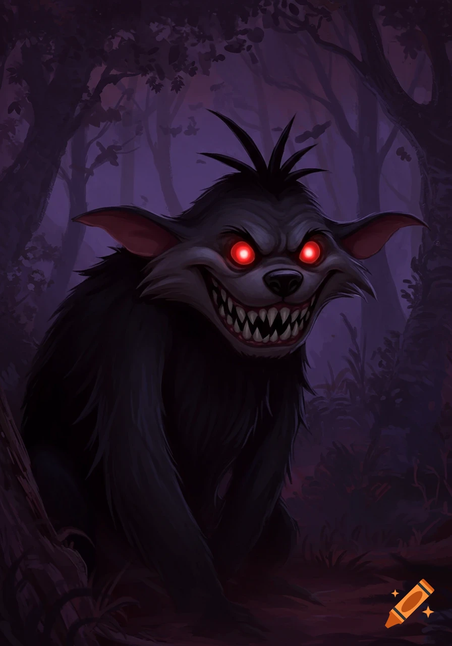 Dark fantasy illustration of an evil creature with glowing red eyes and ...