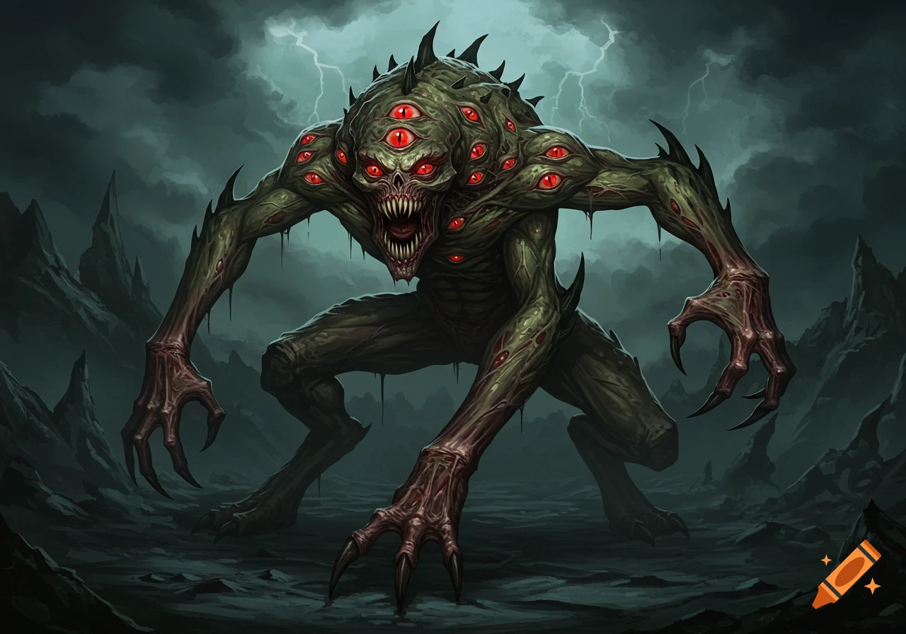 Grotesque monster with many red eyes, sharp teeth, and long claws ...
