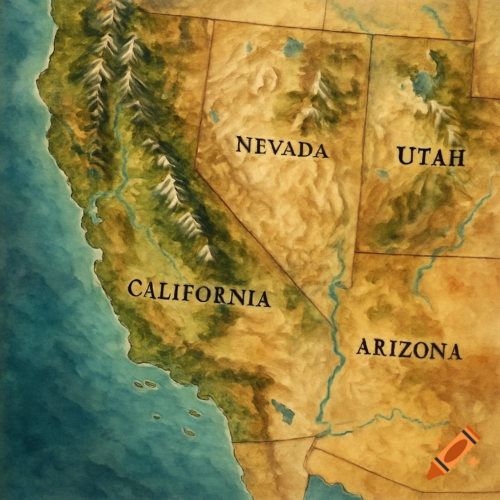 Illustrated map of California, Nevada, Utah, and Arizona with mountains ...