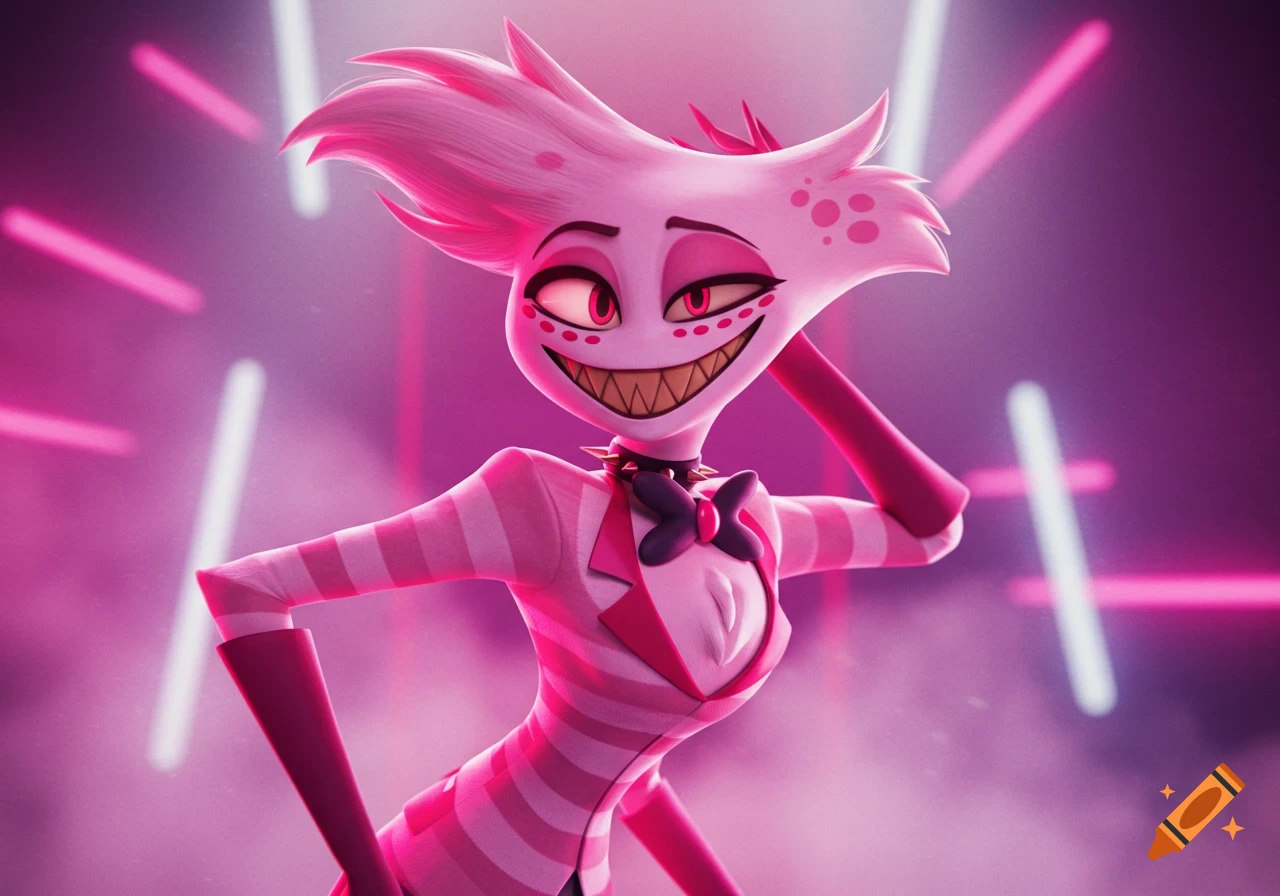 Cartoon character Angel Dust from Hazbin Hotel smiling in a pink ...