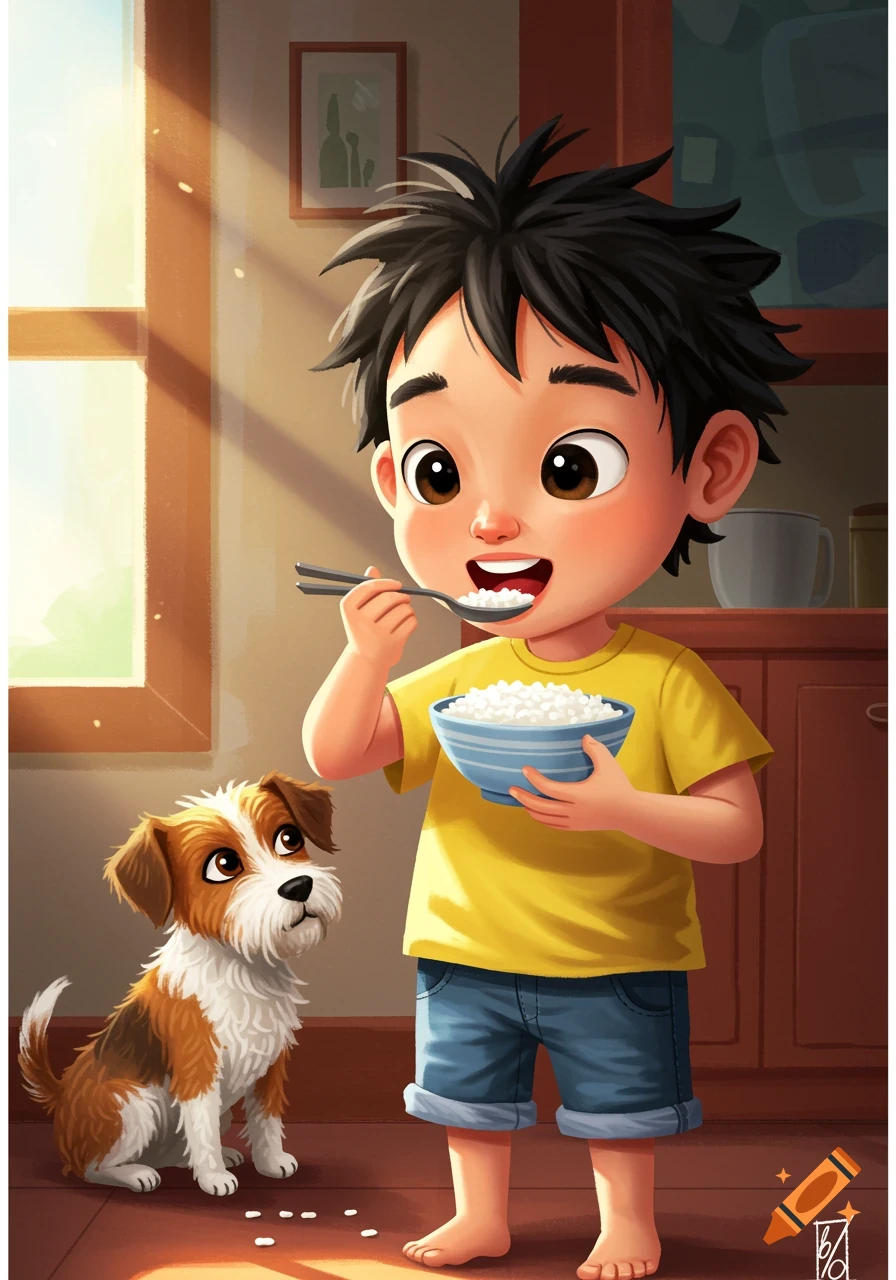 An illustration of a boy eating a bowl of rice with a dog sitting ...