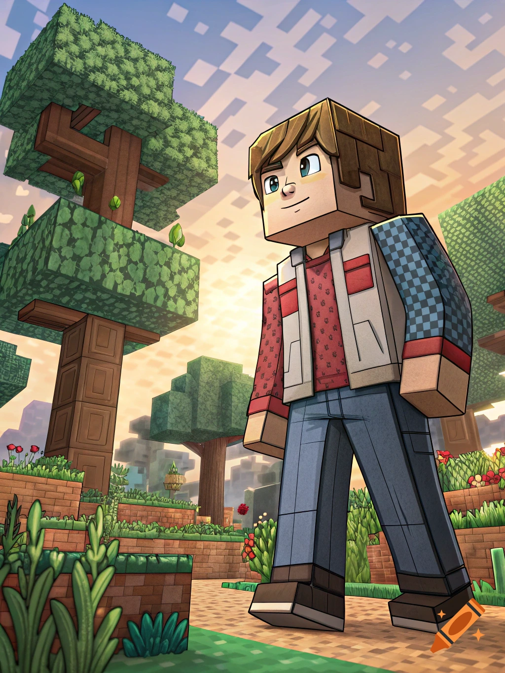 Blocky character in a jacket walking through a Minecraft-style ...