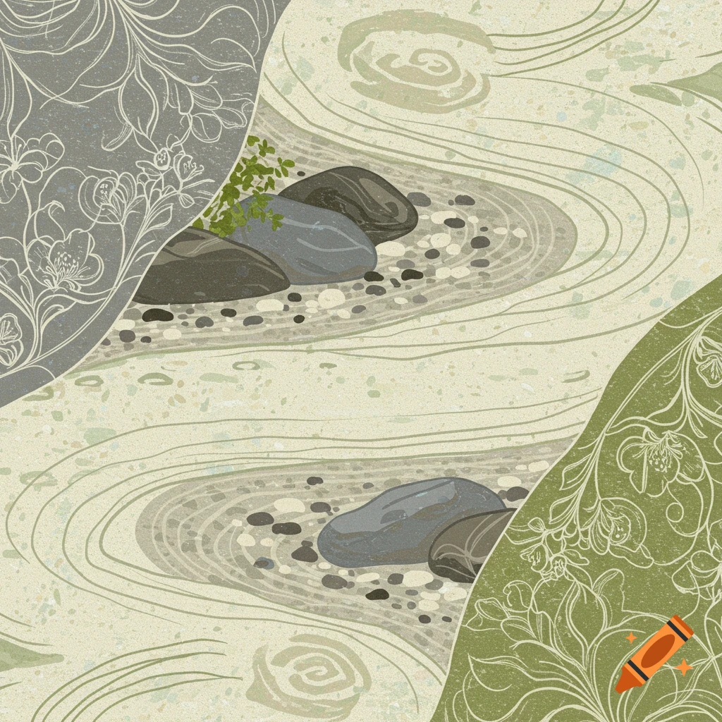 A stylized zen garden with raked sand, rocks, and floral line art ...