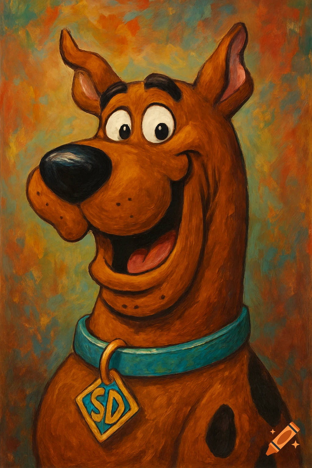 Close-up portrait of Scooby-Doo smiling, wearing his collar with an SD ...