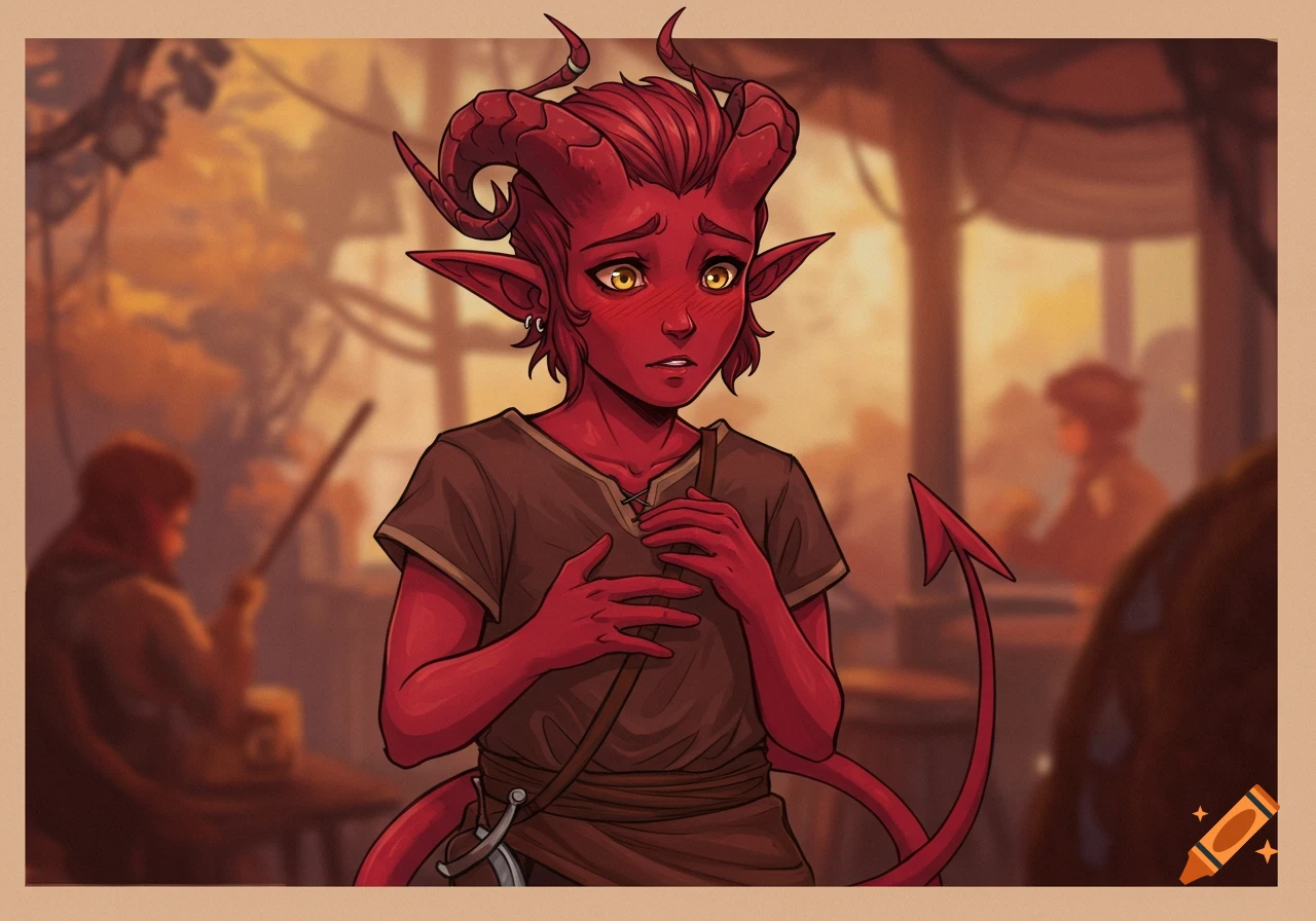 An illustration of an embarrassed red tiefling character with horns and ...