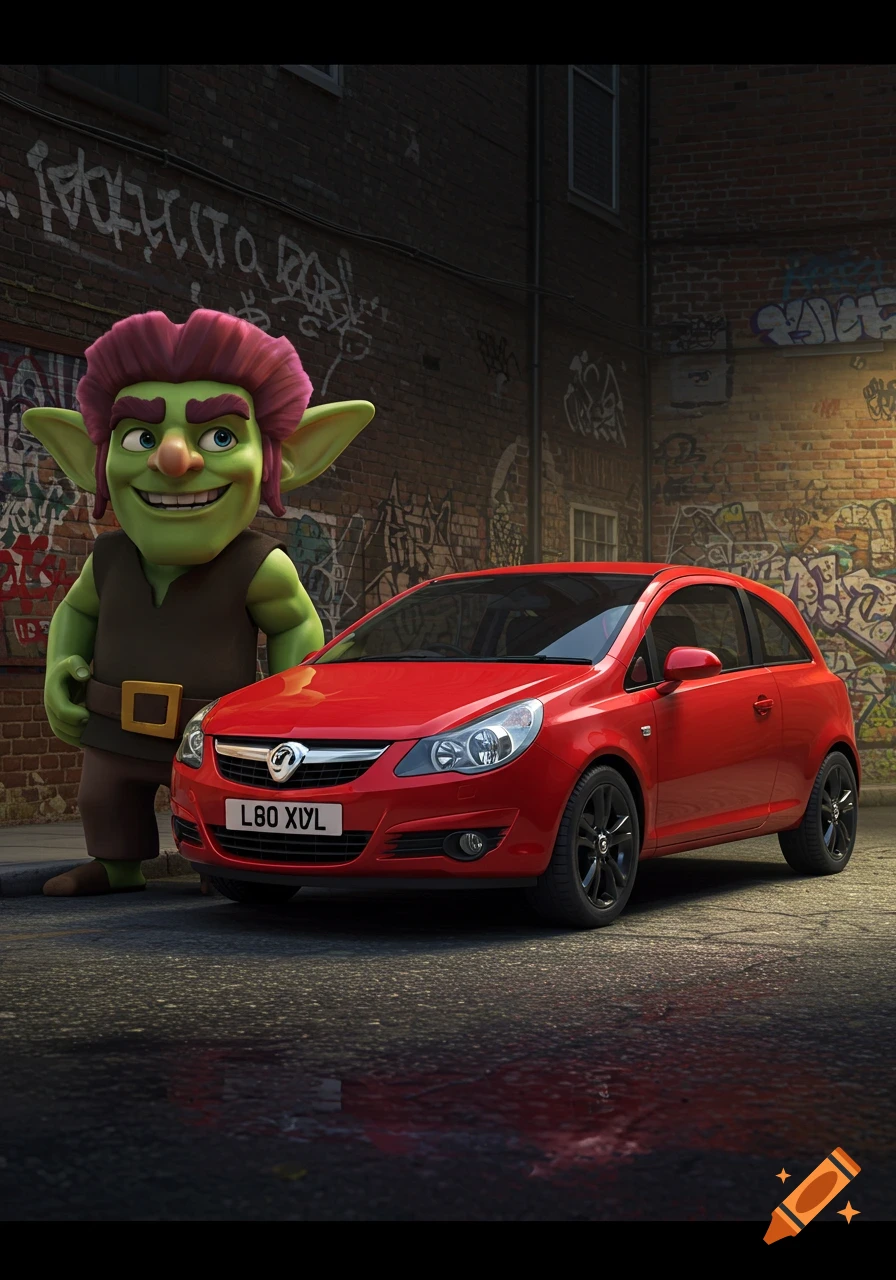 A green cartoon goblin stands next to a red car on a graffiti-covered ...