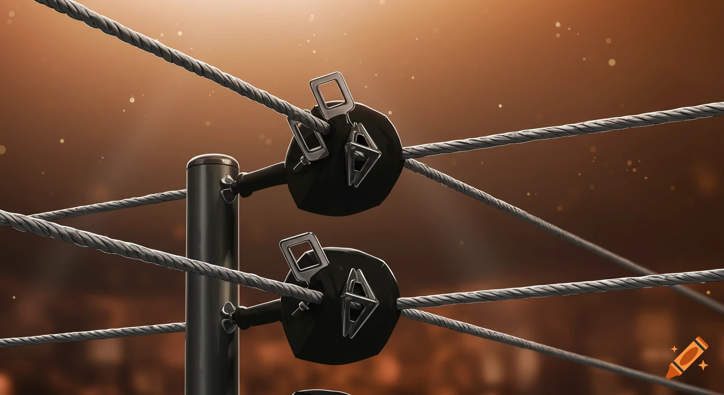 Close-up view of wrestling ring ropes and turnbuckle in golden light ...