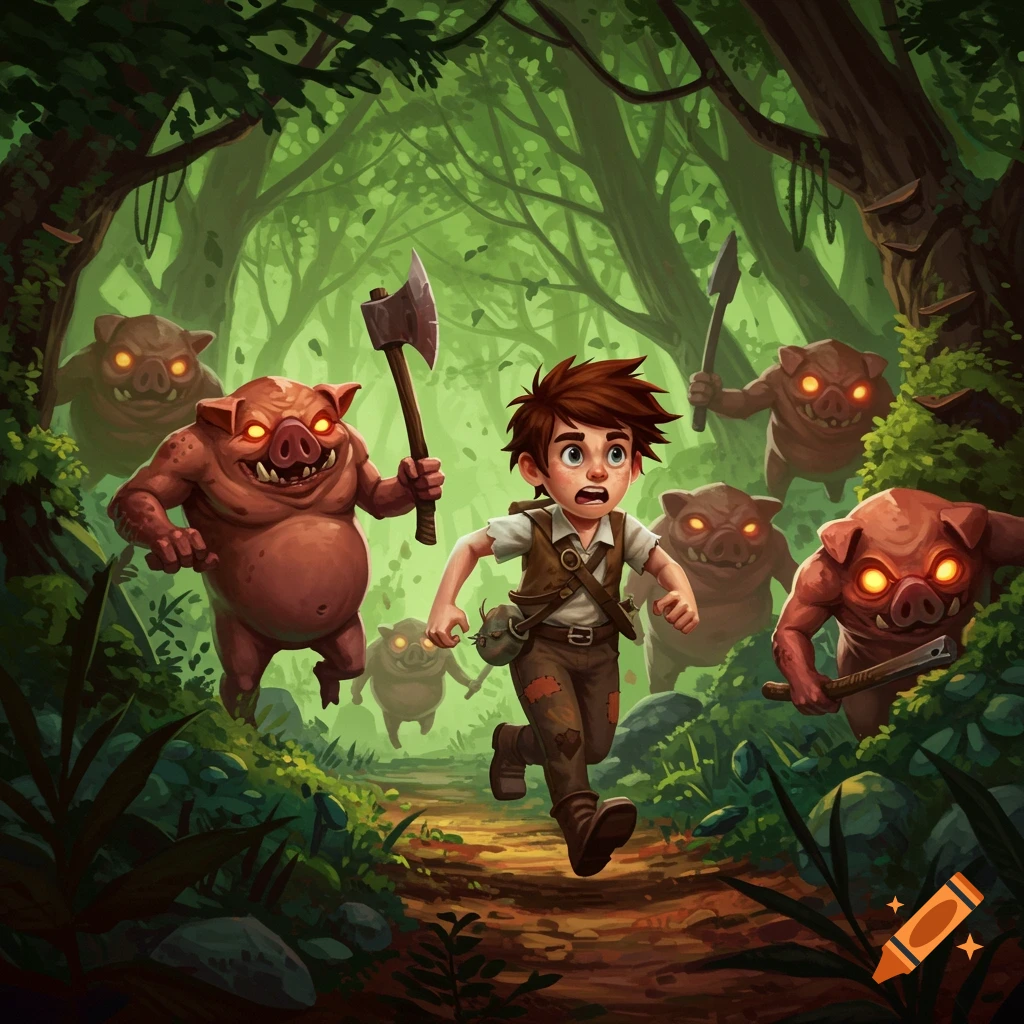 An illustrated scene of a boy running through a forest, being chased by ...
