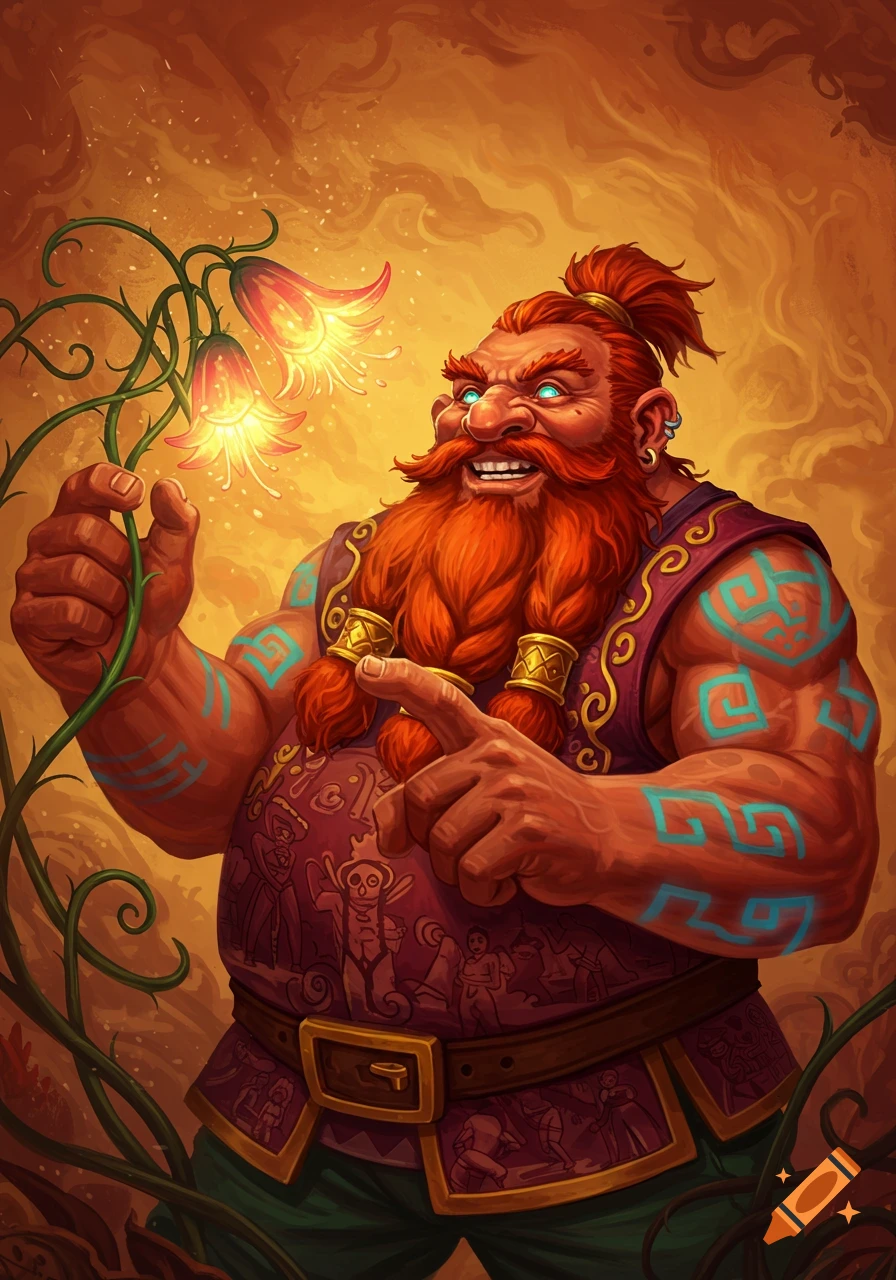 Illustrated fantasy art of a smiling dwarf holding glowing flowers on ...