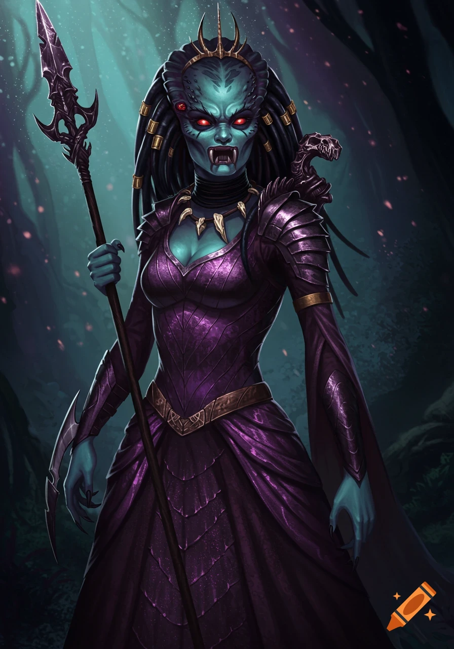 A dark fantasy portrait of a female alien resembling a Predator in a ...