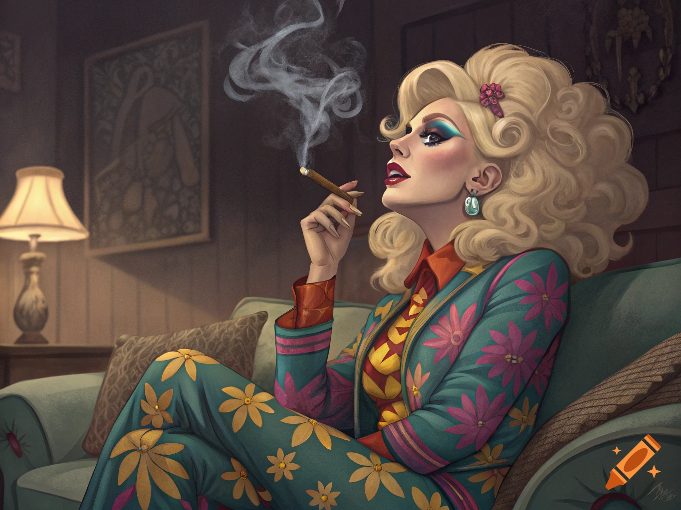 Illustrative portrait of a drag queen smoking a cigar on a couch ...