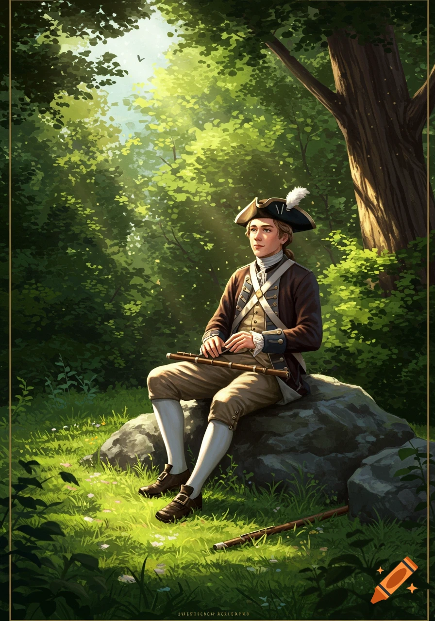An illustration of a colonial fifer sitting on a rock in a sunlit ...
