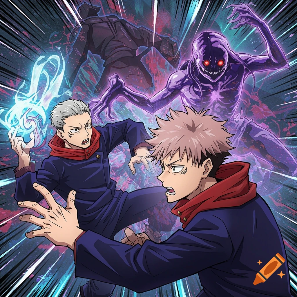 Two anime characters fight a purple monster in an action scene with ...