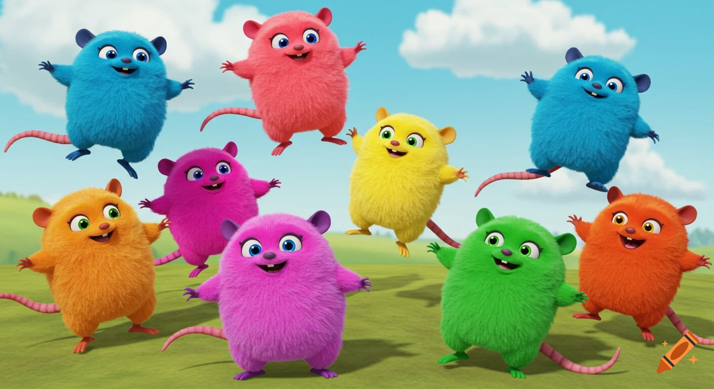 Multiple colorful cartoon furry creatures smiling and jumping in a ...