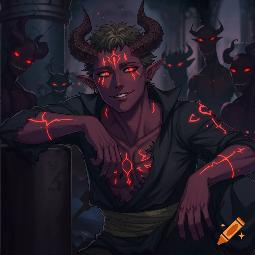 Anime style illustration of a demon character with red eyes and glowing ...