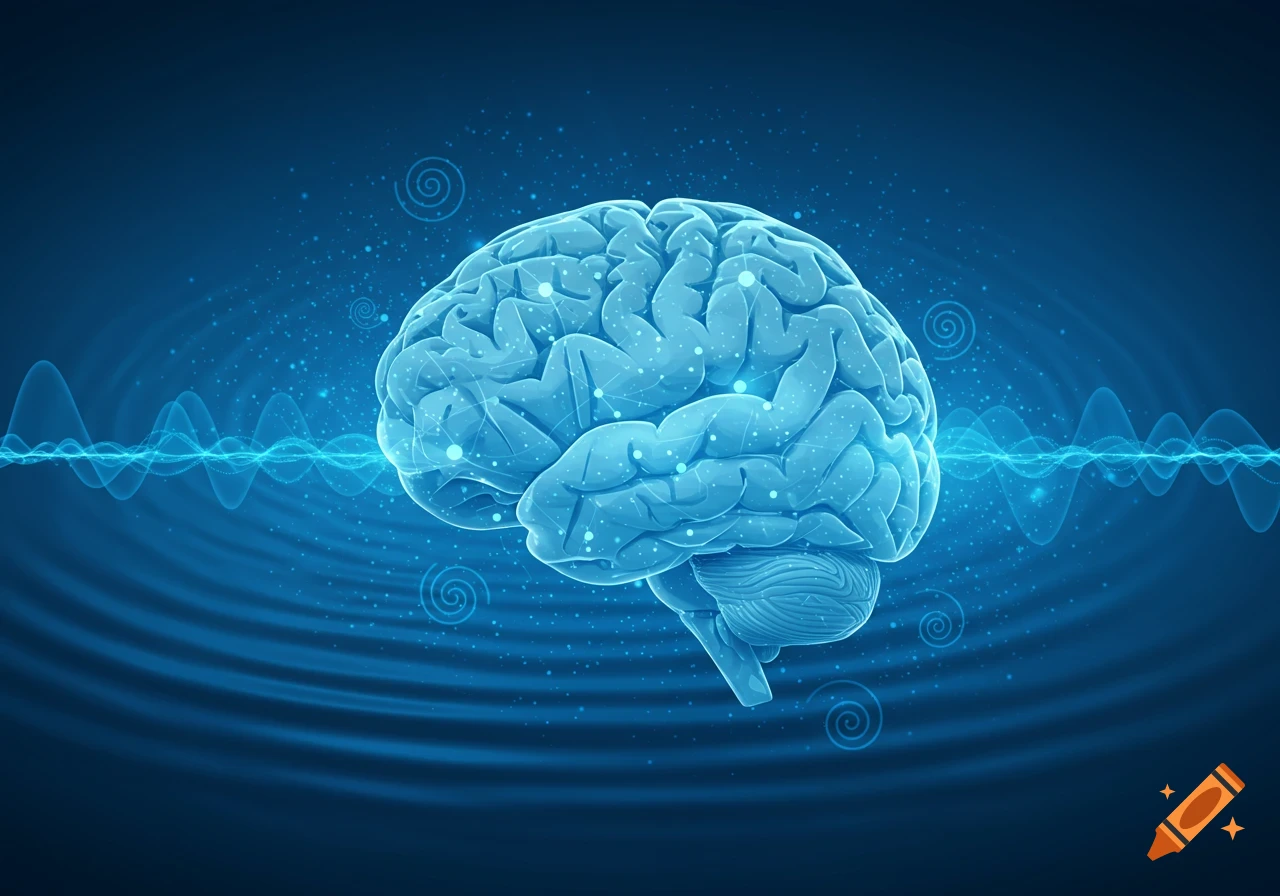 Stylized blue human brain with glowing neural connections and wave ...
