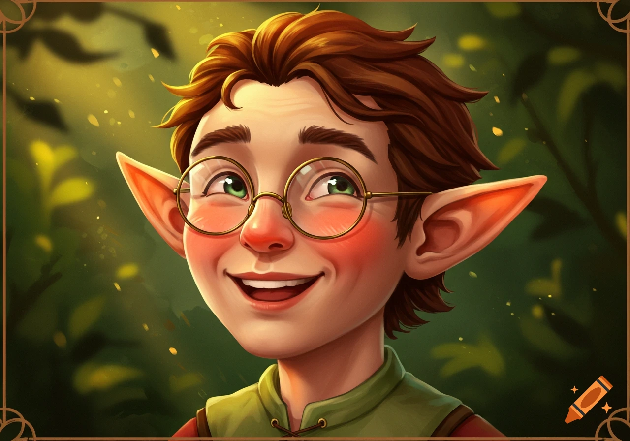 Close-up illustration of a smiling elf with glasses, brown hair, and pointed ears in a forest ...