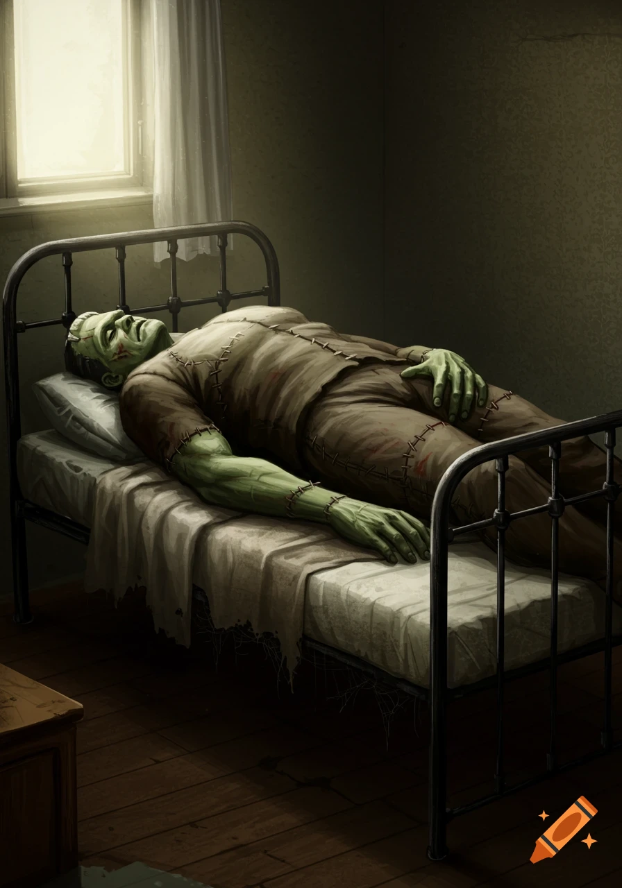 Frankenstein's monster lies on a bed in a dark room, illustration. on ...