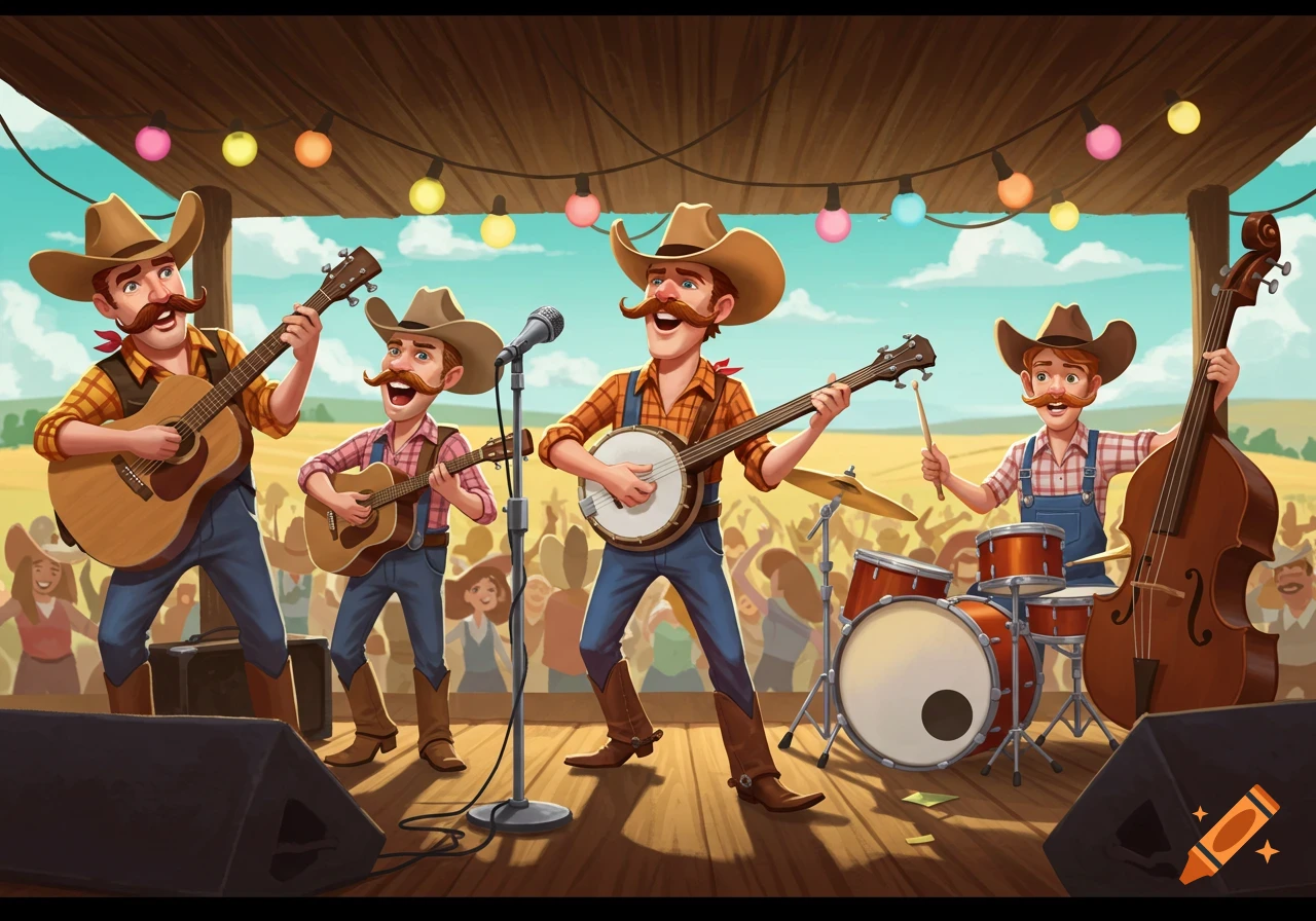 A cartoon country band wearing cowboy hats and mustaches plays on a ...