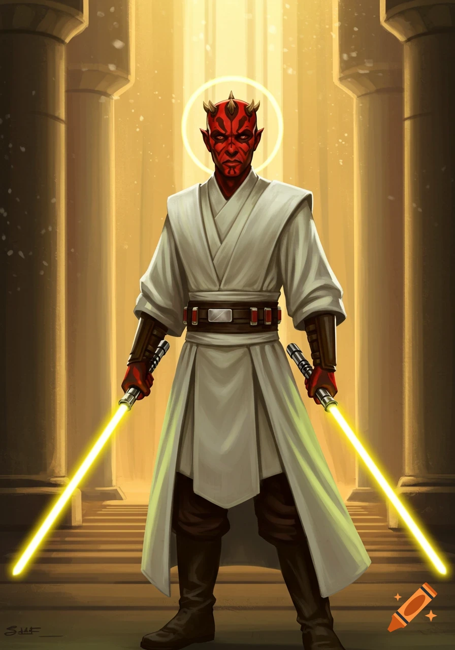 Darth Maul as a Jedi Temple Guard holds two yellow lightsabers in a ...