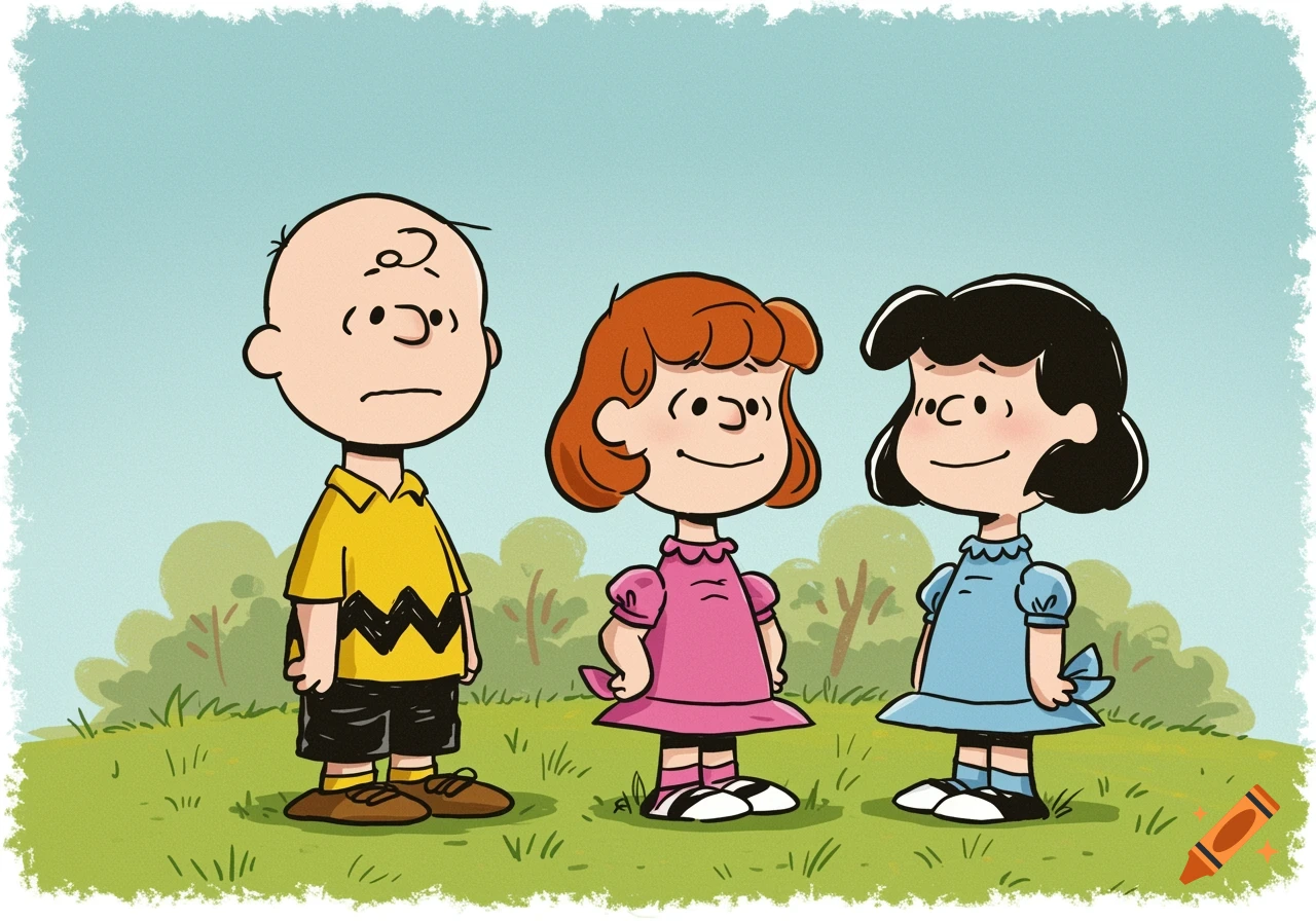 Charlie Brown, Lucy, and a girl with dark hair stand in a grassy field ...