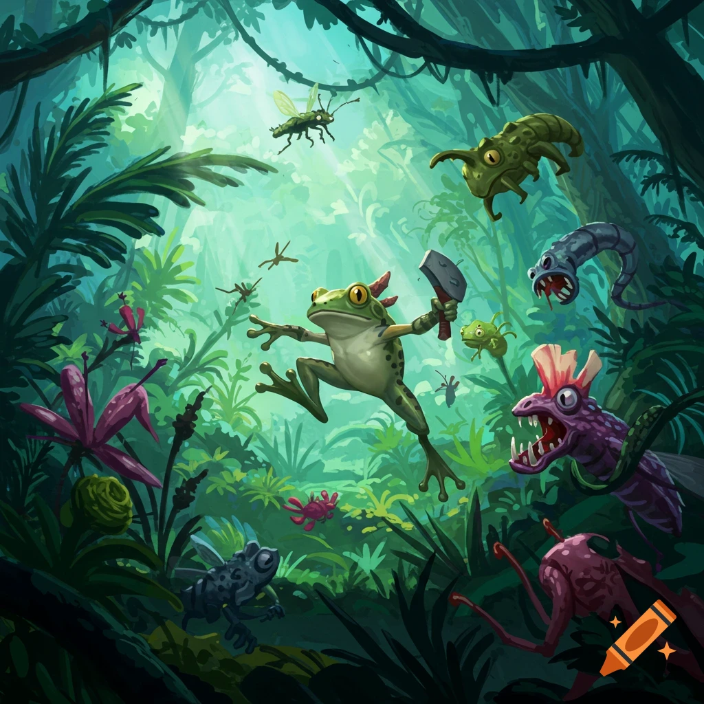 Illustrative fantasy art of a frog character with a cleaver running ...