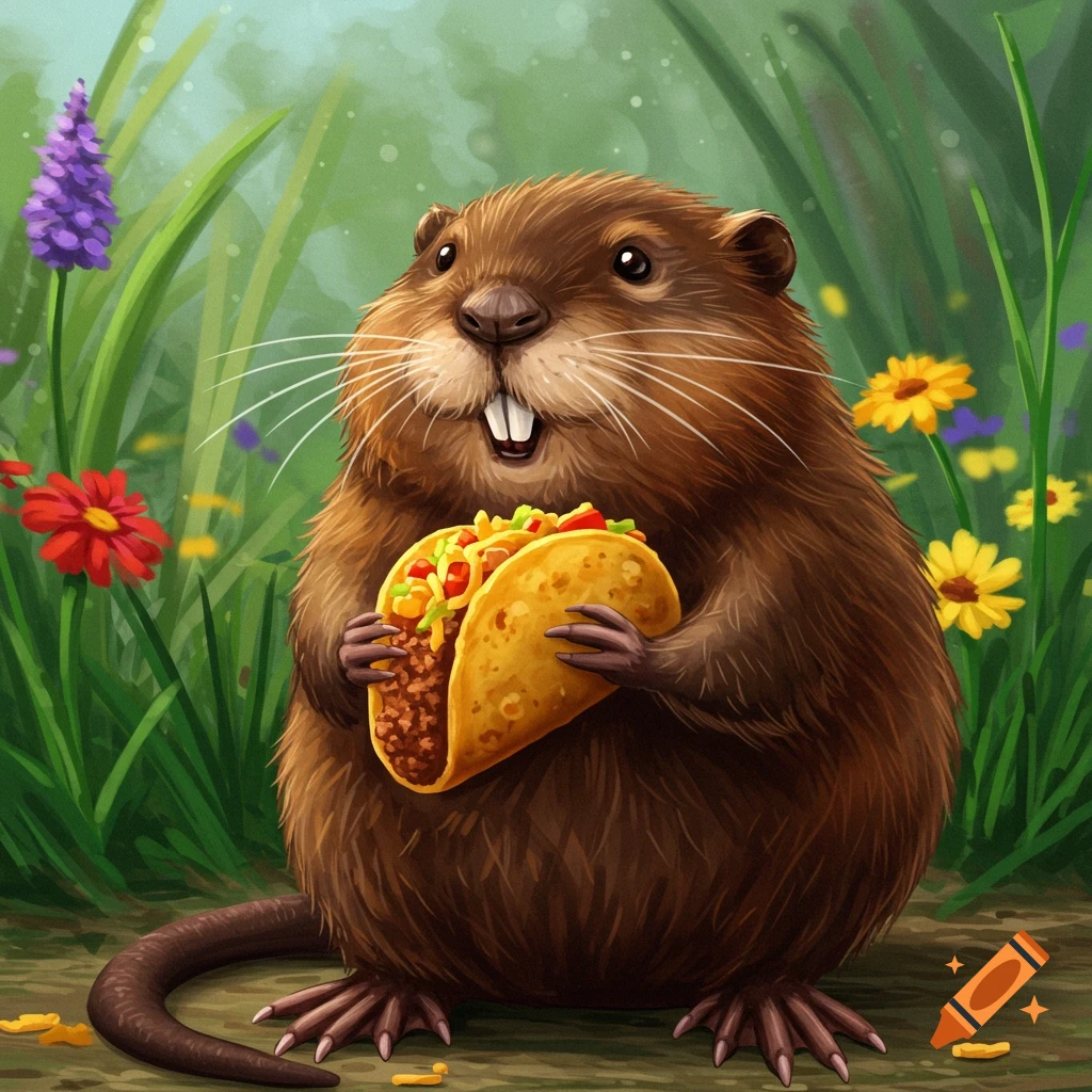 An illustrated beaver or muskrat holding a taco in a field of grass and ...