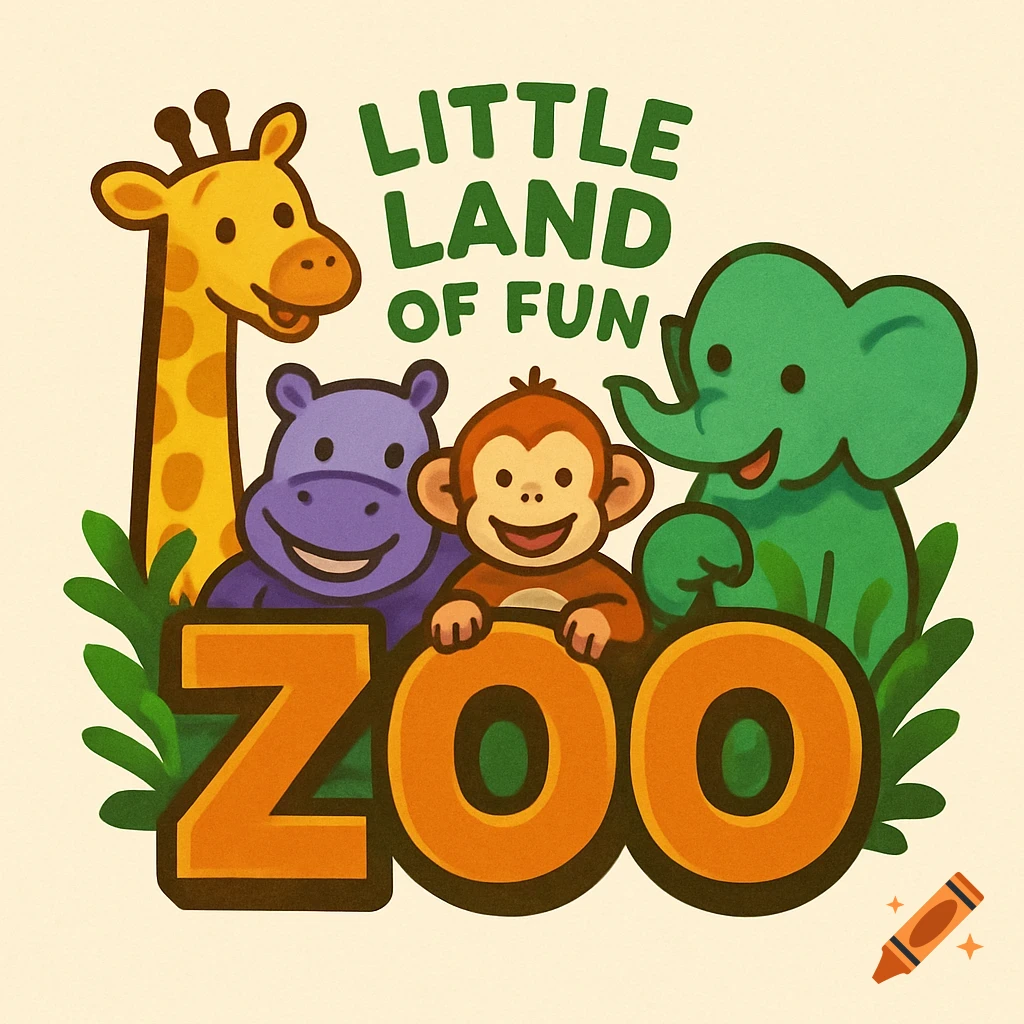 Cartoon logo with giraffe, hippo, monkey, and elephant around text that ...
