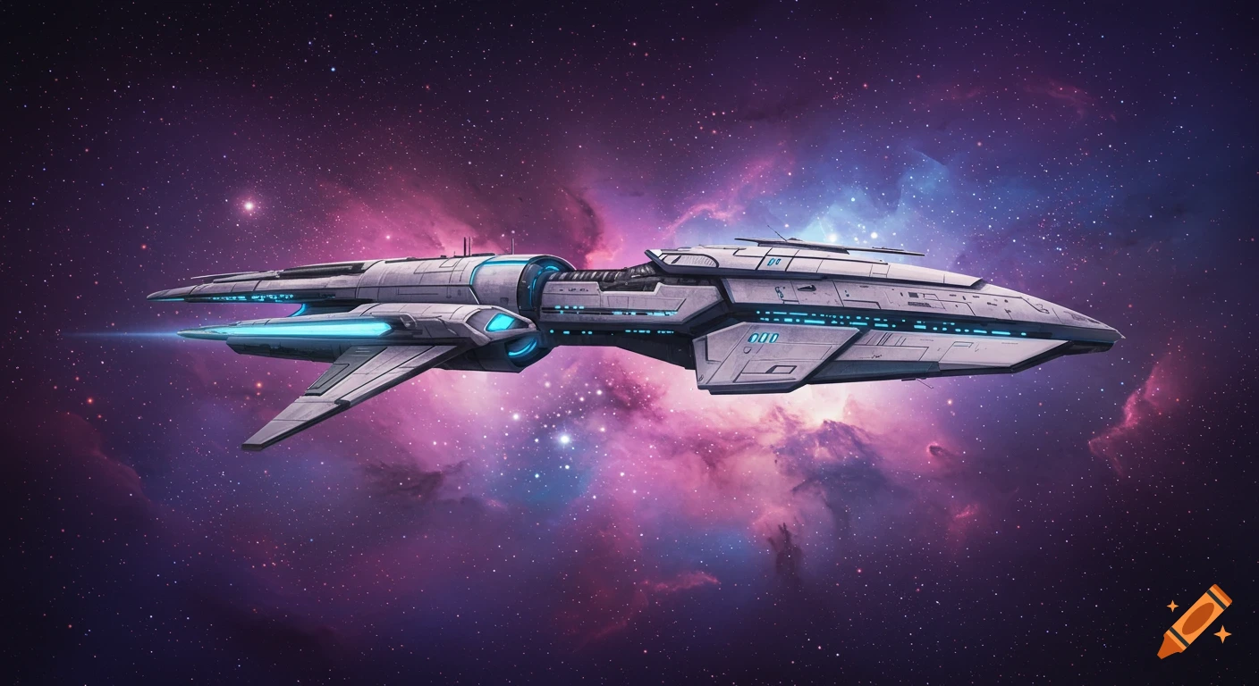 A futuristic spaceship flying through a galaxy nebula on Craiyon