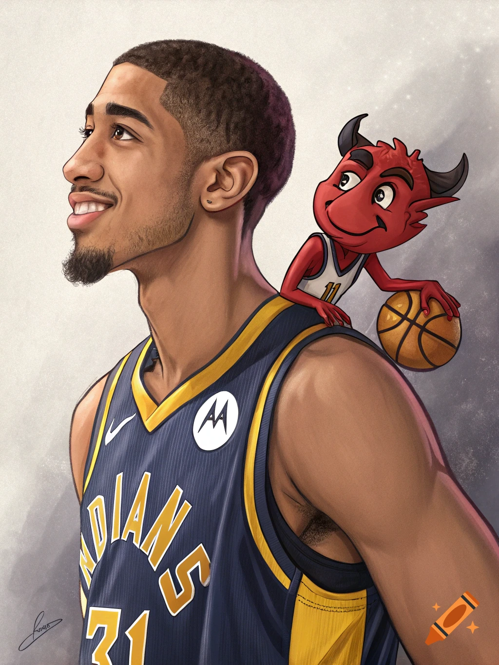Cartoon portrait of a basketball player with a little red devil on his ...