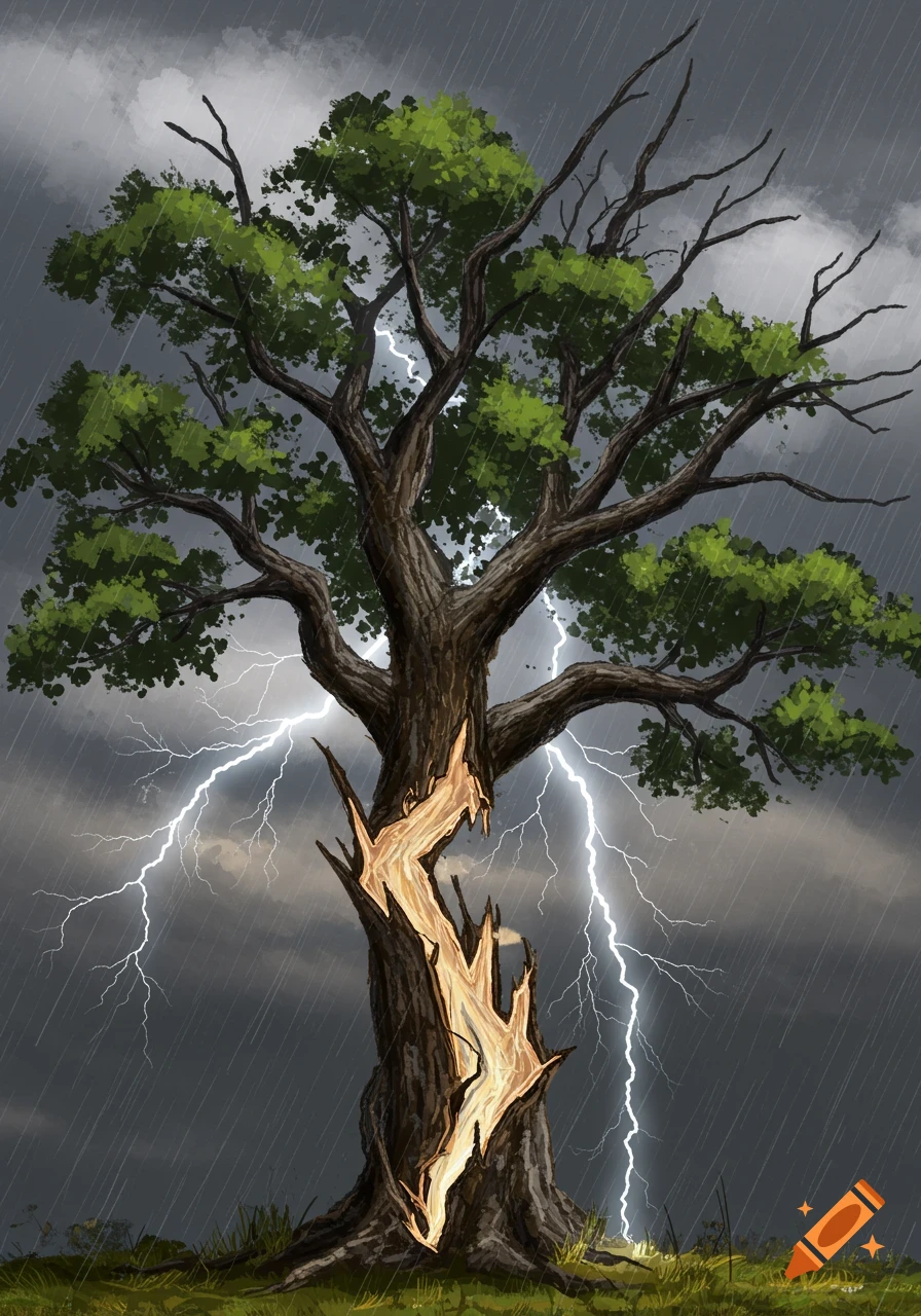 A large tree split by a lightning strike under a dark, stormy, rainy ...