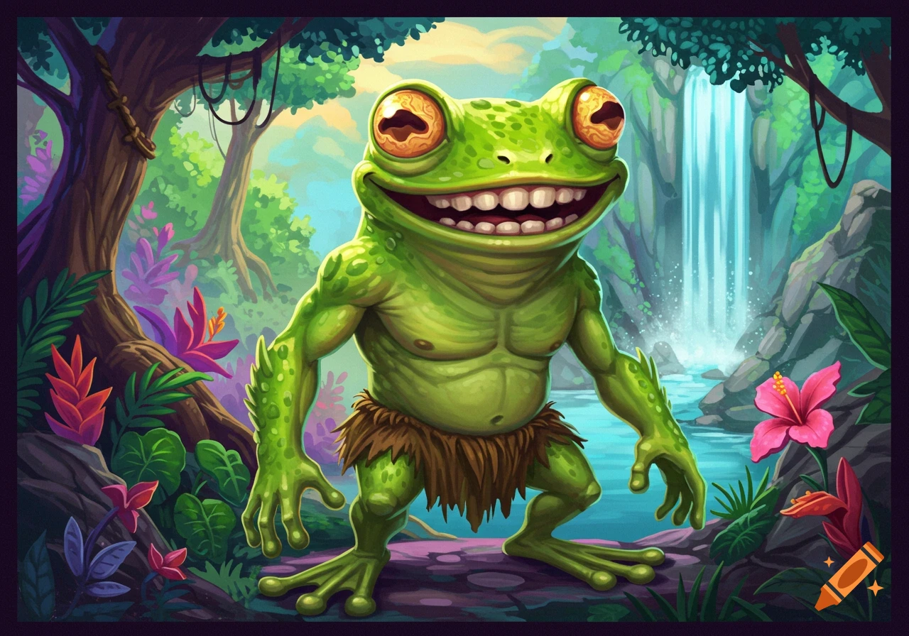 Muscular green frog creature in a grass skirt stands in a lush jungle ...