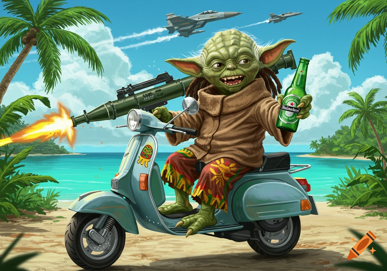 Jamaican Yoda on a Vespa firing an RPG on a tropical beach with jets ...