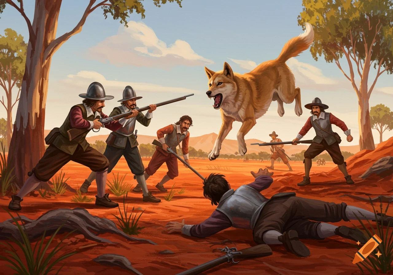 Illustration of a dingo leaping at men in historical clothing with ...
