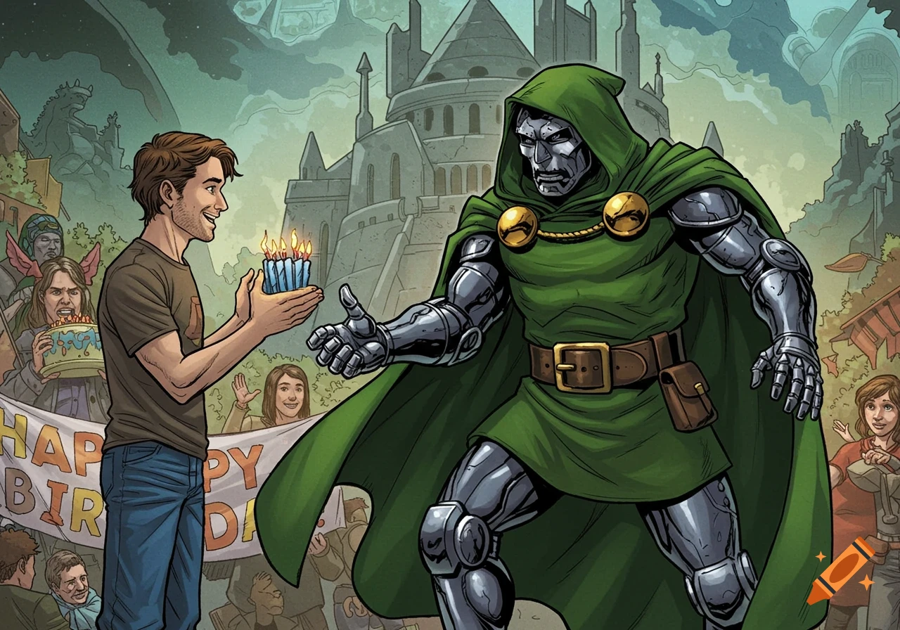 Doctor Doom and a man with a birthday cake under a Happy Birthday ...