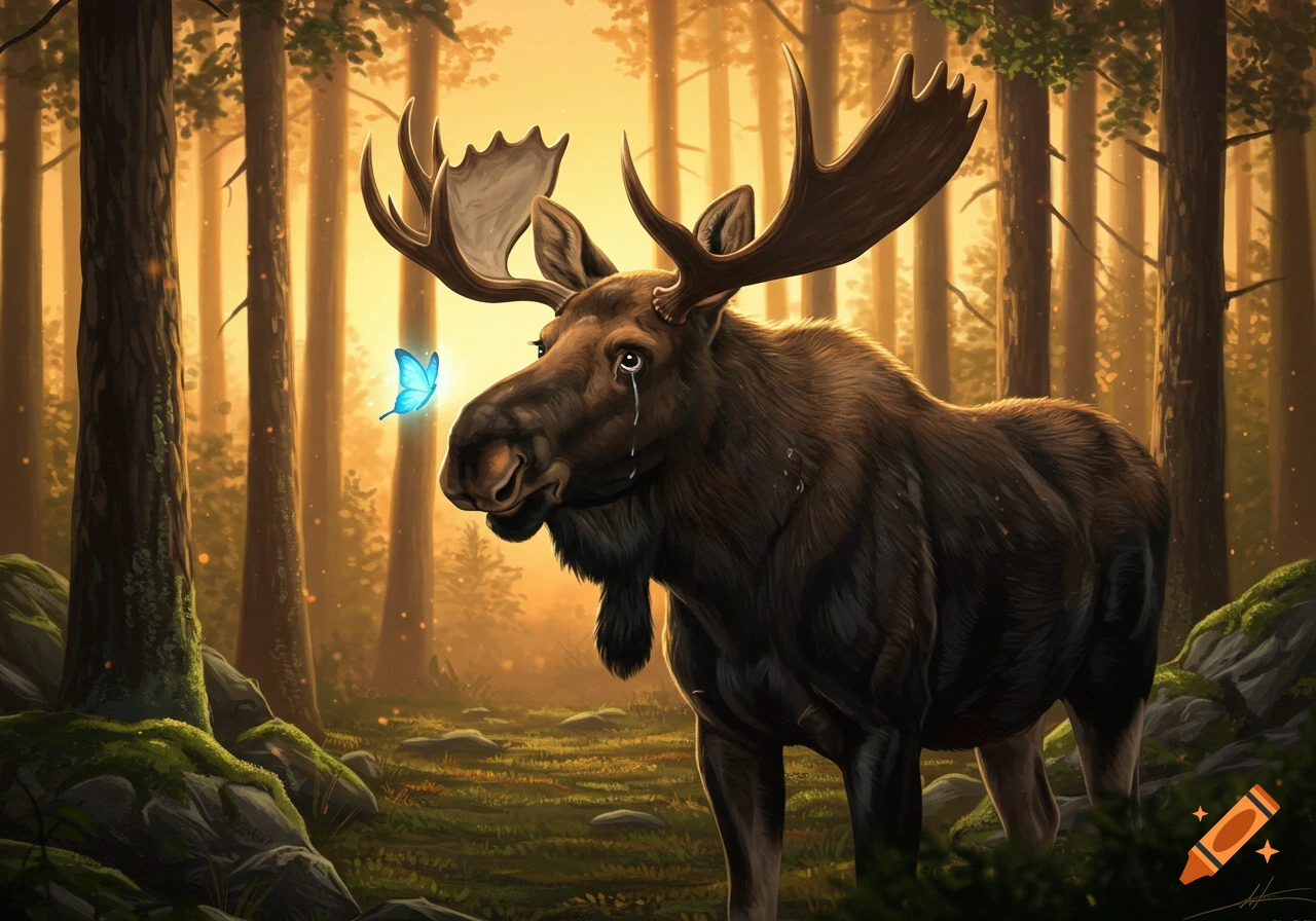 A crying moose watches a glowing blue butterfly in a sunlit forest. on ...