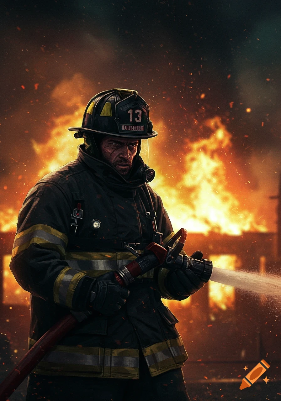 A detailed illustration of a gritty firefighter spraying water from a ...