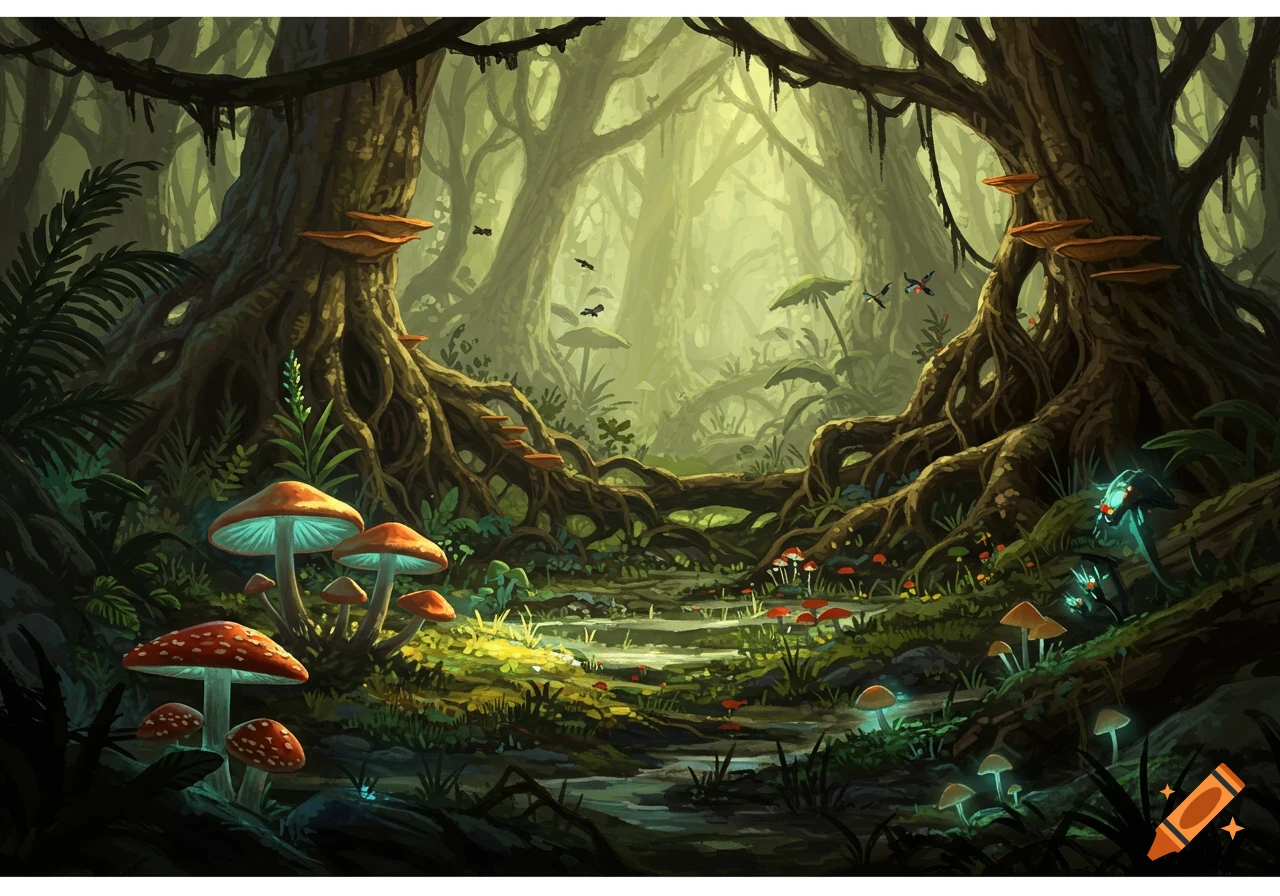 Vibrant fantasy forest scene with large rooted trees, colorful ...