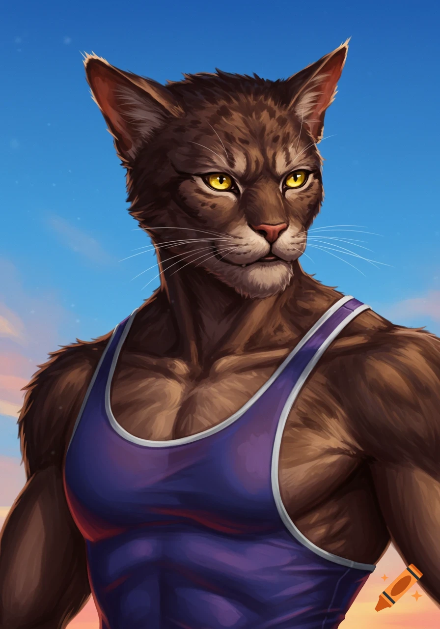 Muscular brown werecat wearing a purple tank top against a sky ...