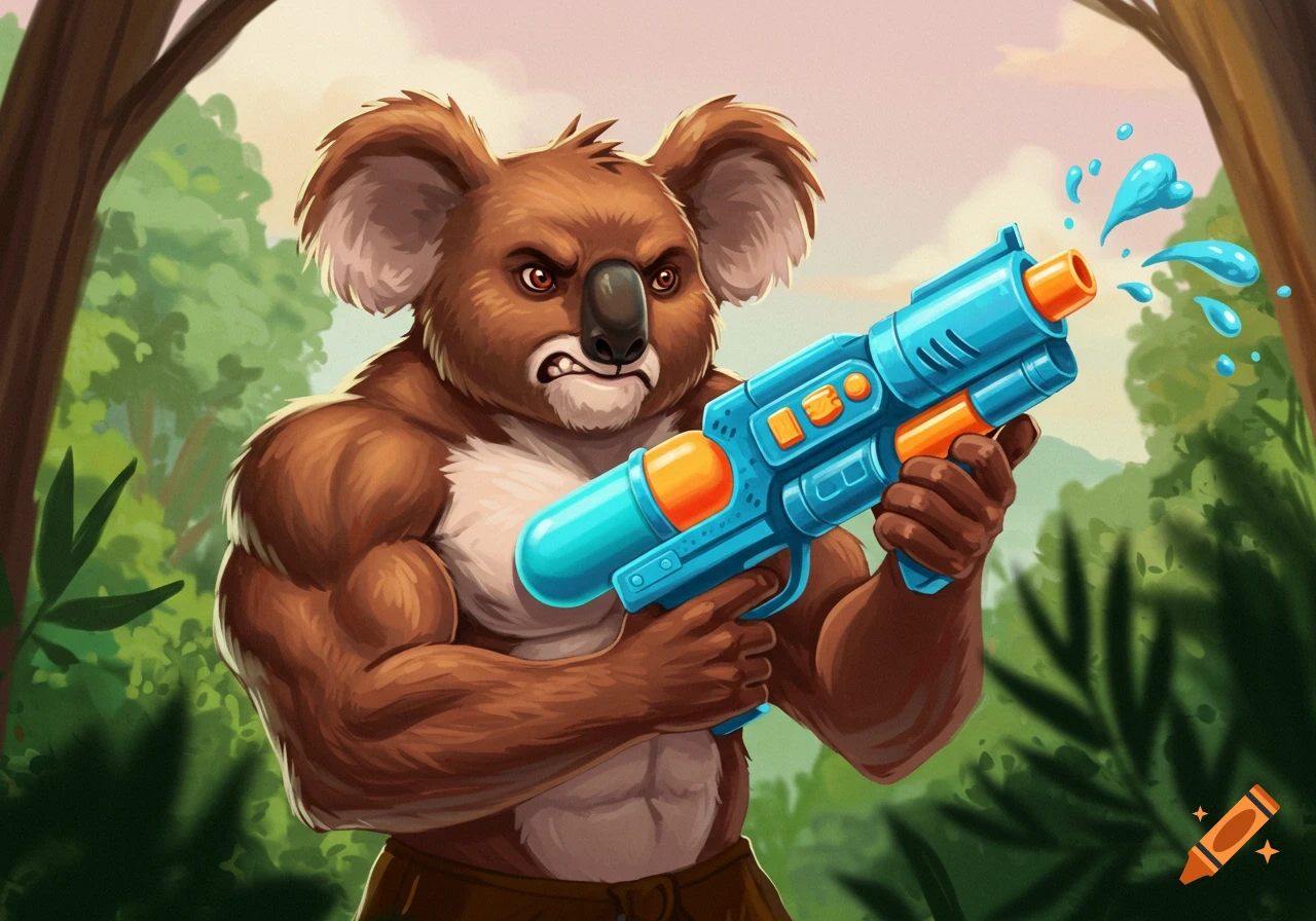 A muscular cartoon koala fires a blue and orange water gun in a jungle ...
