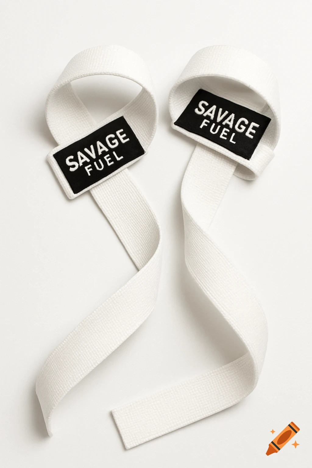 Two white lifting straps with black Savage Fuel logos on a white ...